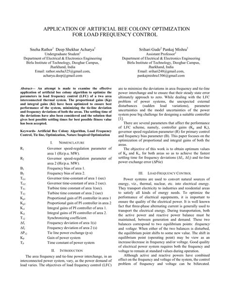 pdf application of artificial bee colony optimization for load frequency control