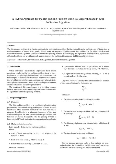 pdf a hybrid approach for the bin packing problem using bat algorithm and flower pollination