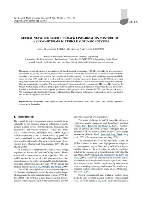 pdf neural network based feedback linearization control of a servo hydraulic vehicle