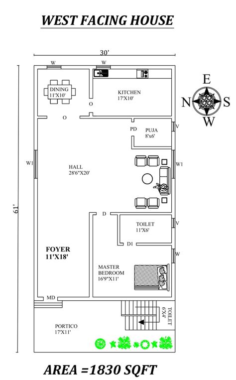 30 X61 Single Bhk West Facing House Plan As Per Vastu Shastra Autocad