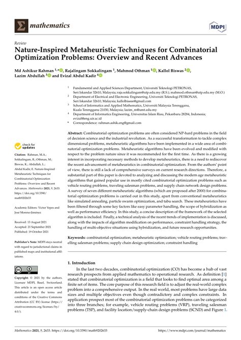 pdf nature inspired metaheuristic techniques for combinatorial optimization problems overview