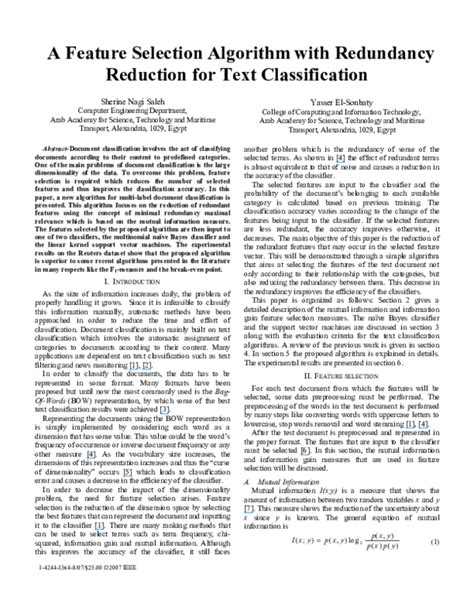 pdf a feature selection algorithm with redundancy reduction for text classification sherine