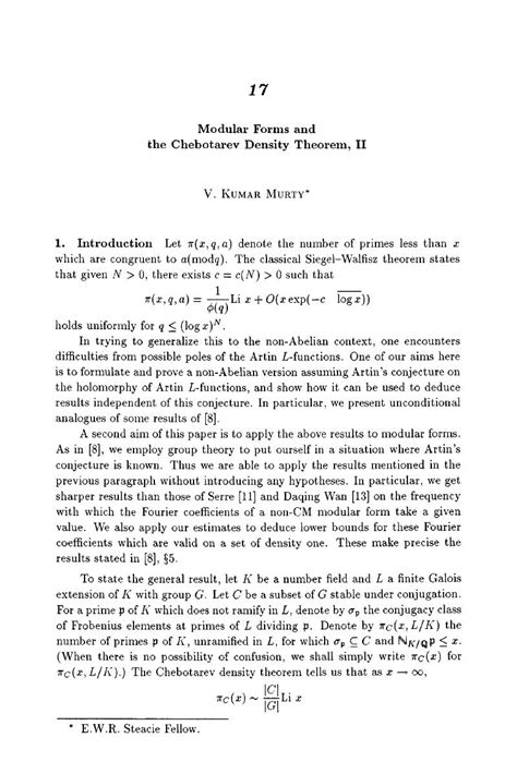 modular forms and the chebotarev density theorem ii chapter 17 analytic number theory