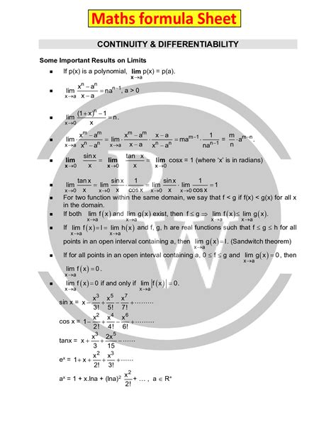 chapter continuity and differentiability class 11 maths formula