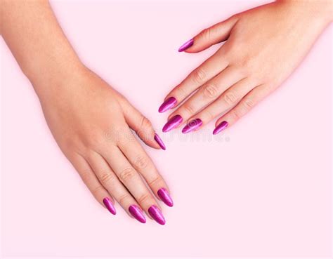 Female Hand With Pink And Glitter Nail Design Manicure With Mate Pink Nail Polish Hands With A