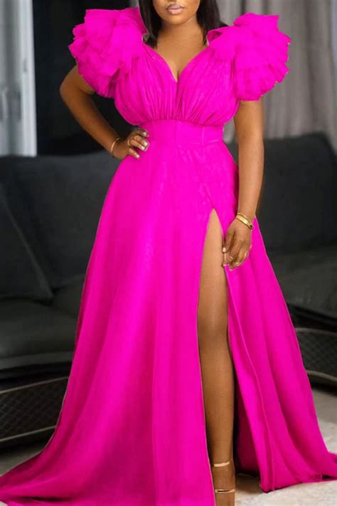 Rose Red Sexy Elegant Solid Patchwork V Neck Evening Dress Plus Size Dressesplus Size Dresses
