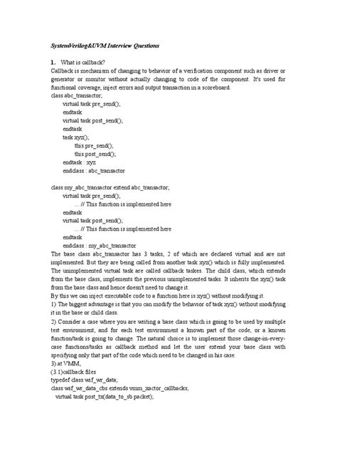 what is callback systemveriloganduvm interview questions pdf method computer programming