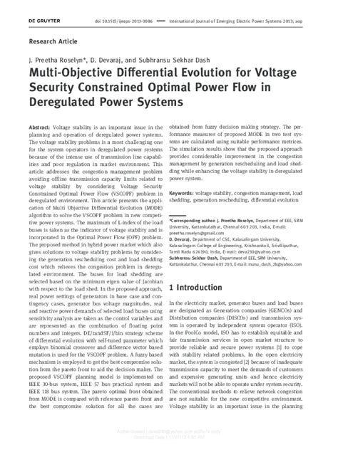 pdf multi objective differential evolution for voltage security constrained optimal power flow