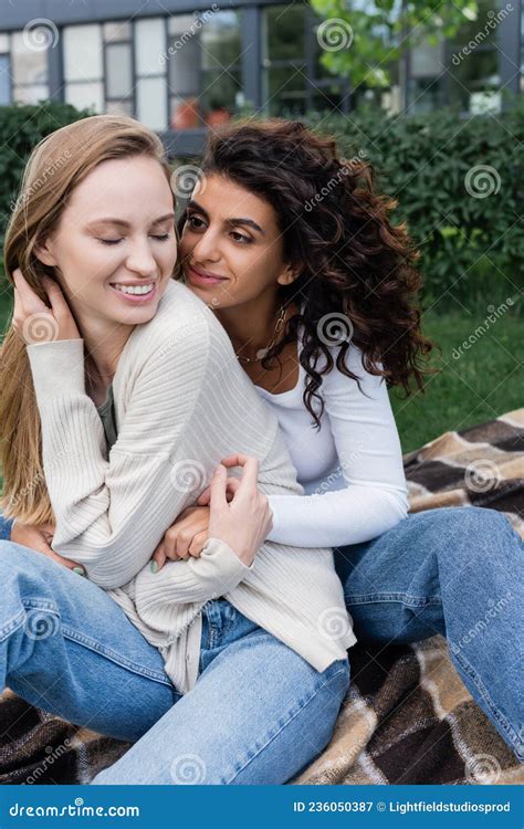 Joyful Lesbian Women Hugging On Checkered Stock Image Image Of Curly Picnic 236050387