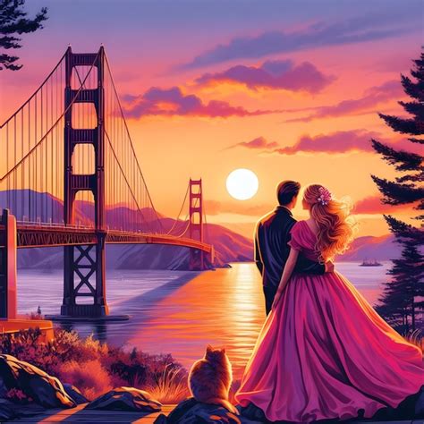 Premium Ai Image Beautiful Illustration Of A Man And Woman In A Pink Dress Watching The Sunset