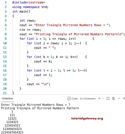 c program to print triangle of mirrored numbers pattern