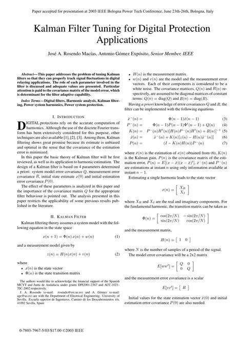 pdf kalman filter tuning for digital protection applications