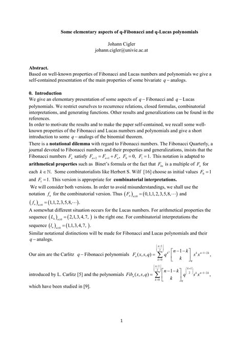 pdf some elementary aspects of q fibonacci and q lucas polynomials