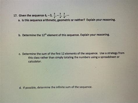 solved 17 given the sequence 6 3 a is this sequence