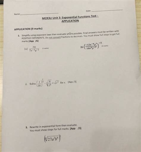 name date mcr3u unit 3 exponential functions test application course hero