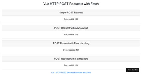 Vue Fetch POST Request Examples Codesandbox