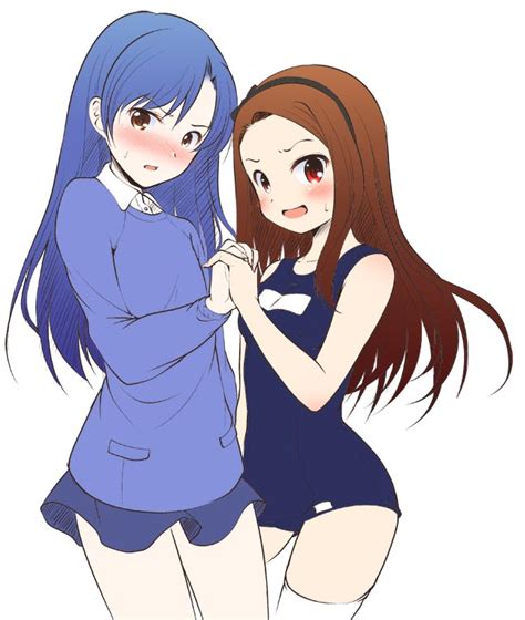 Safebooru 2girls Blue Hair Blush Brown Eyes Brown Hair Hairband Idolmaster Kisaragi Chihaya