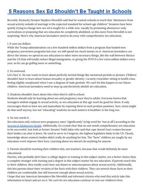 5 Reasons Sex Ed Shouldnt Be Taught In Schools Pdf Sex Education Human Reproduction