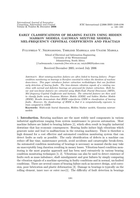 pdf early classifications of bearing faults using hidden markov models gaussian mixture