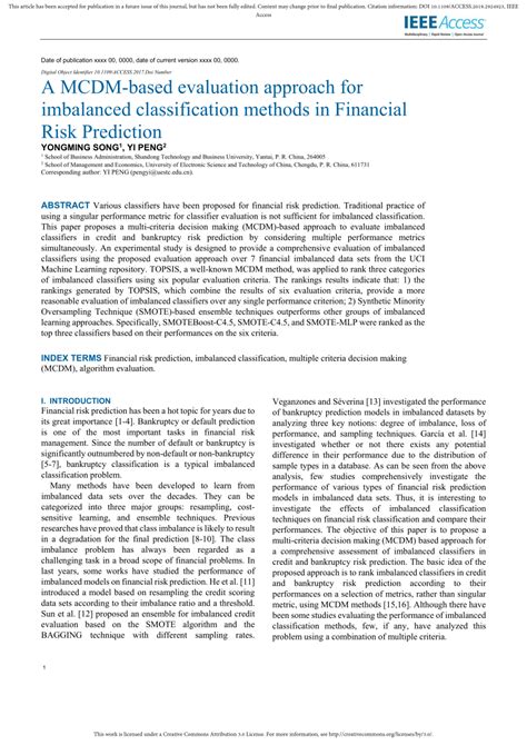pdf a mcdm based evaluation approach for imbalanced classification methods in financial risk