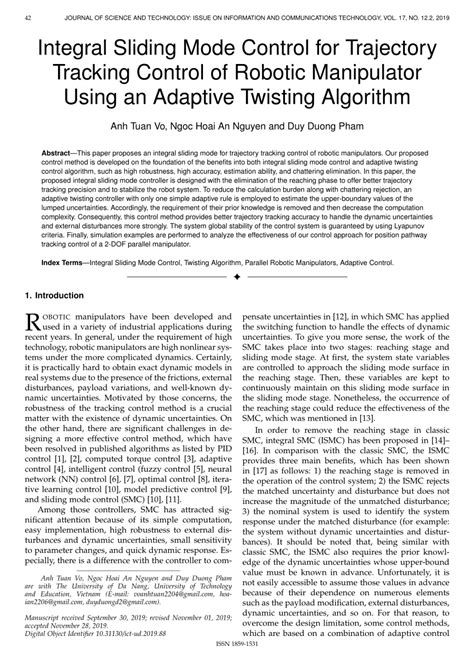 pdf integral sliding mode control for trajectory tracking control of robotic manipulators
