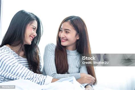 Two Asian Lesbian Women In Bedroom Couple People And Beauty Concept Happy Lifestyles And Home