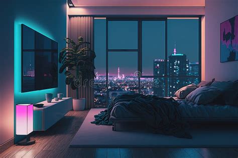 Modern Bedroom Interior With Neon Lights Glowing Ambient In The Evening Window City View Bed
