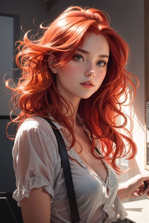 A Woman With Long Red Hair Is Holding A Black Bag And Looking At The Camera