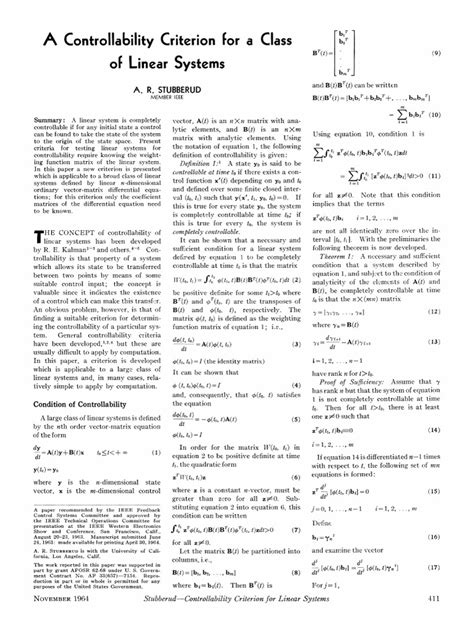 a controllability criterion for a class of linear systems pdf system of linear equations