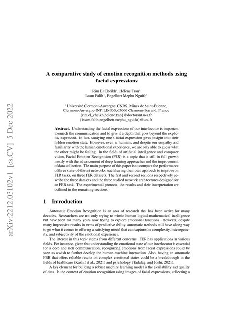 PDF A Comparative Study Of Emotion Recognition Methods Using Facial