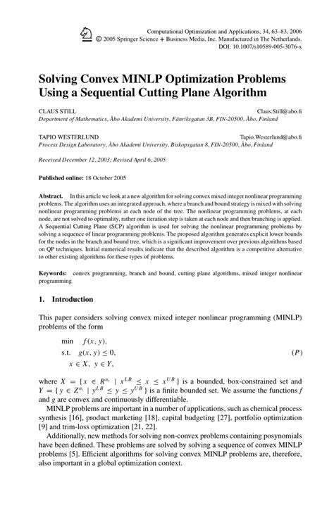 pdf solving convex minlp optimization problems using a sequential cutting plane algorithm