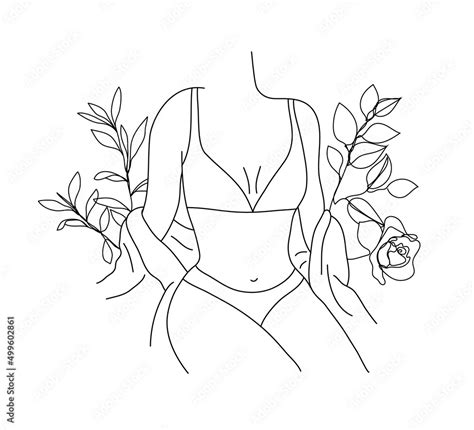Vector Abstract Female Figure Woman Body Illustration Line Art Print Flowers And Leaves