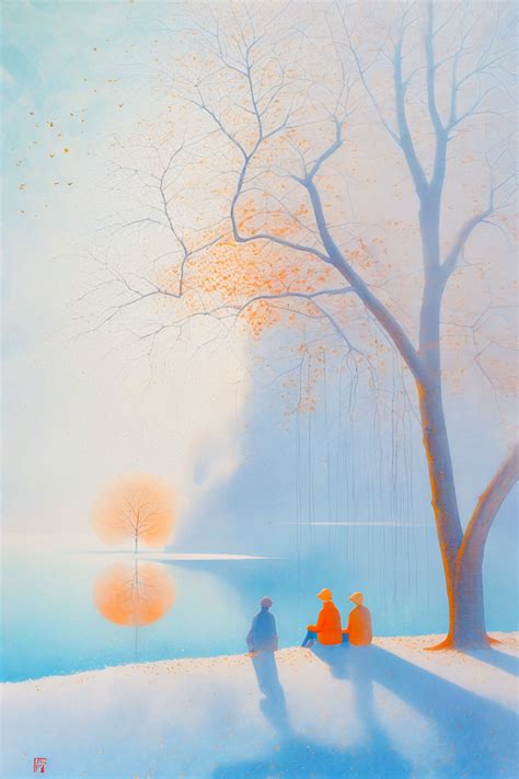 湖边日落风景写意插画 素材CNN