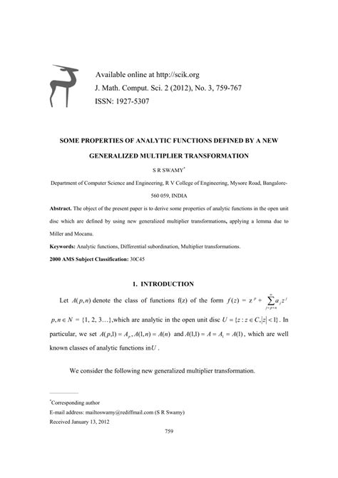 pdf some properties of analytic functions defined by a new generalized multiplier transformation