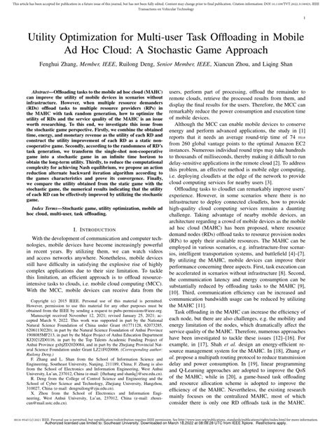 pdf utility optimization for multi user task offloading in mobile ad hoc cloud a stochastic