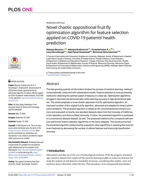 pdf novel chaotic oppositional fruit fly optimization algorithm for feature selection applied