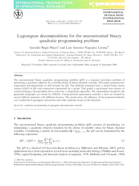 pdf lagrangean decompositions for the unconstrained binary quadratic programming problem