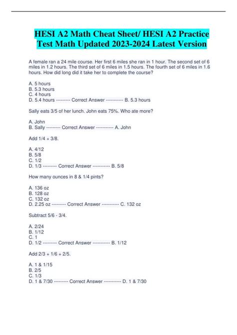 Hesi A2 Math Cheat Sheet Hesi A2 Practice Test Math Updated Latest